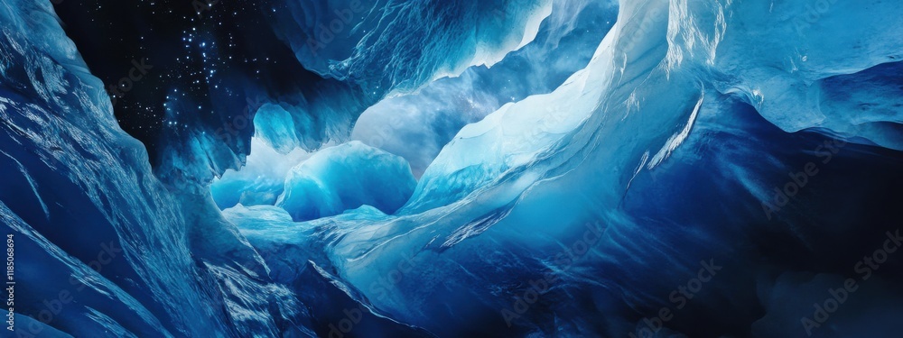 An awe-inspiring perspective of a high-altitude glacier cave with blue ...
