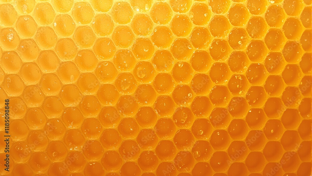 Warm golden honeycomb pattern symmetrical hexagonal cells with glistening honey inviting texture ...