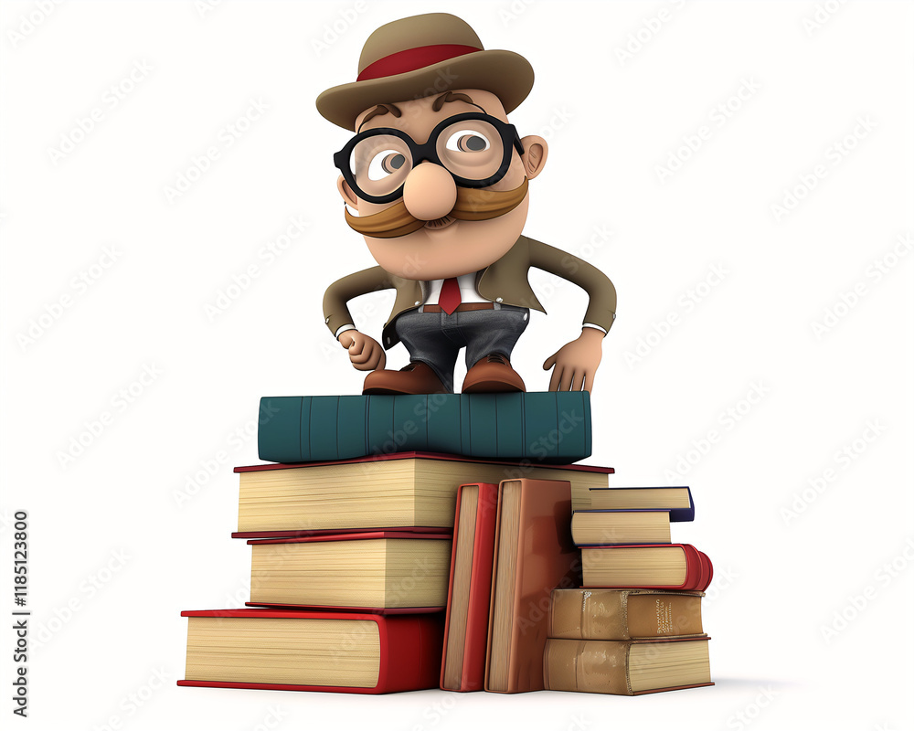 Cartoon Professor Illustration on a Stack of Books, Perfect for ...