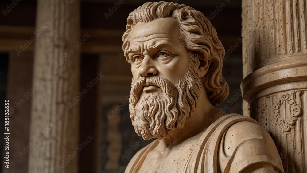 A detailed wooden carving of Socrates, depicted with his calm ...