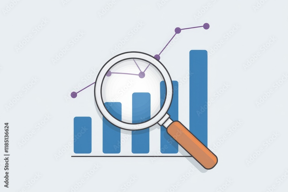 Magnifying glass analyzing a bar graph showing upward trend, indicating ...