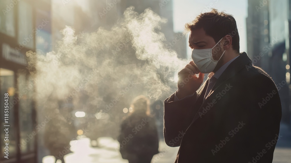 Man reaction to unhealthy air levels caused by PM2.5 dust particles on ...