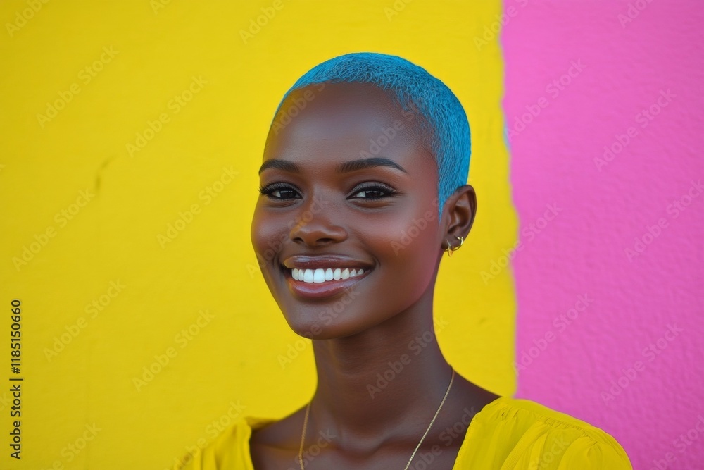 Short trim - blue hair. Lovely smiling black girl - for ads, flyer and ...