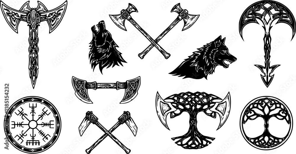 Viking runes and symbols collection. set of pagan norse sign vegvisir ...