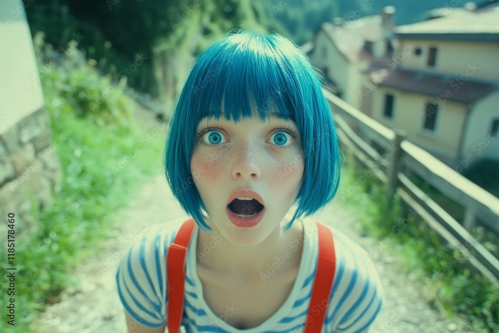 Commercial marketing concept drawing art. Short hairdo - blue hair ...