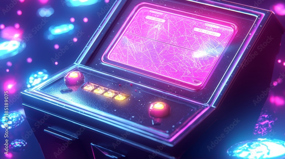 Cute arcade cabinet with animated screen face, surrounded by glowing ...