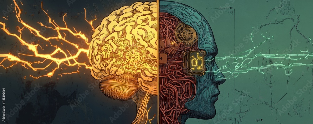Ilustración de Stock A half-human, half-machine brain with spinning ...