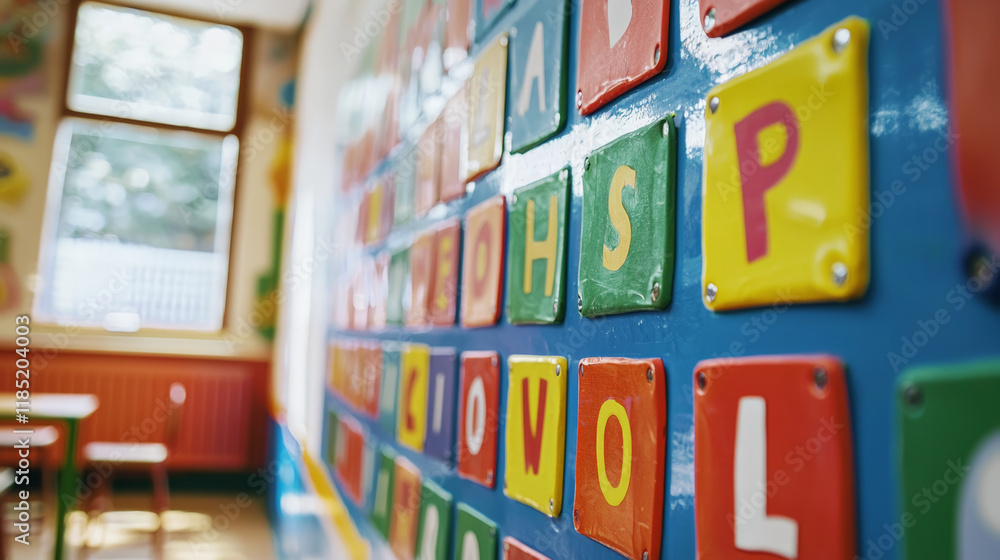 Brightly colored alphabet chart on classroom wall, enhancing learning ...