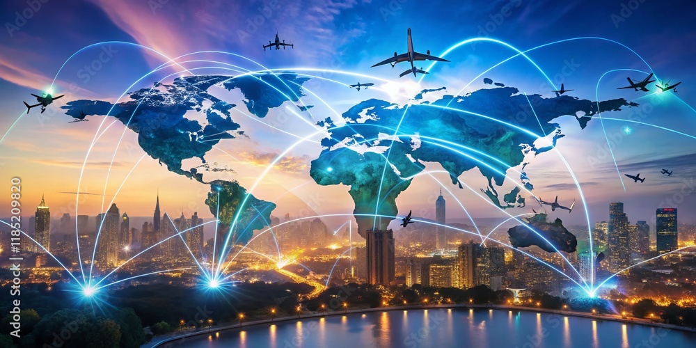 Global Aviation Network: World Map with Flight Paths & Airplanes ...