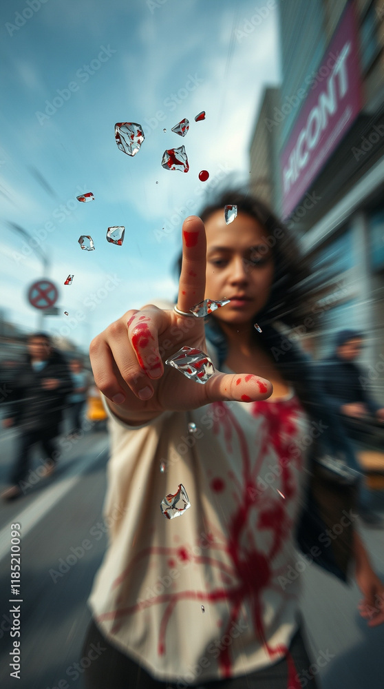Shattered glass and a bloody hand. A young woman stands amidst city ...