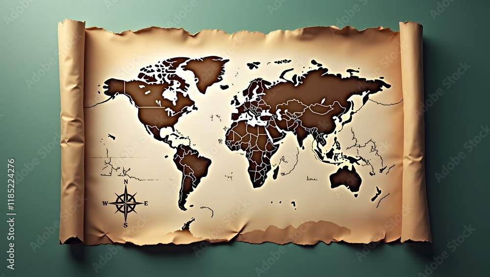 A vintage world map scroll on parchment showing the interconnectedness ...