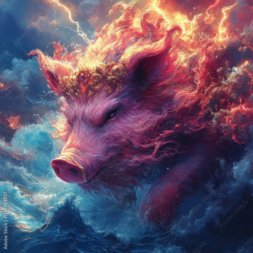Divine Boar Deity Varaha Avatar of Vishnu Illustration in Stormy Sea ...