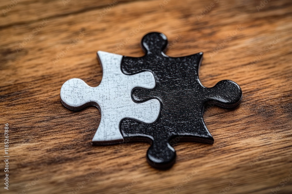 Black and White Puzzle Piece Connection on Wooden Surface Harmony ...