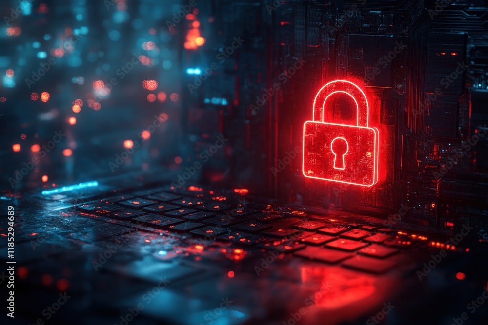 Cybersecurity Alert Red Padlock Laptop Hacked Security Breach Warning ...