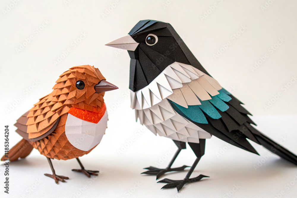 Origami cute magpie robin - kawaii paper craft, ultra detailed ...