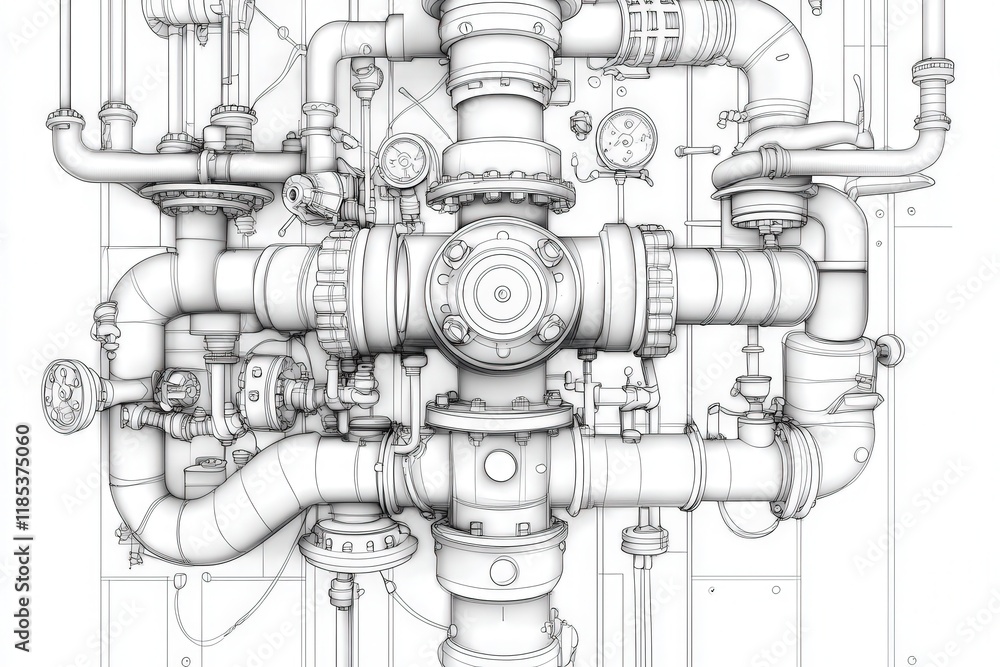 Detailed technical blueprint of complex industrial pipe network with ...
