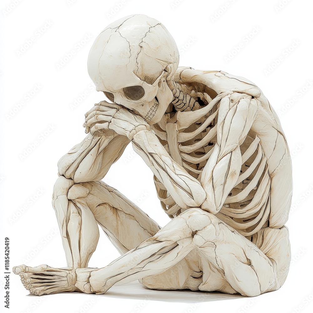 Artistic rendering of a skeleton in a thoughtful pose, resembling The ...