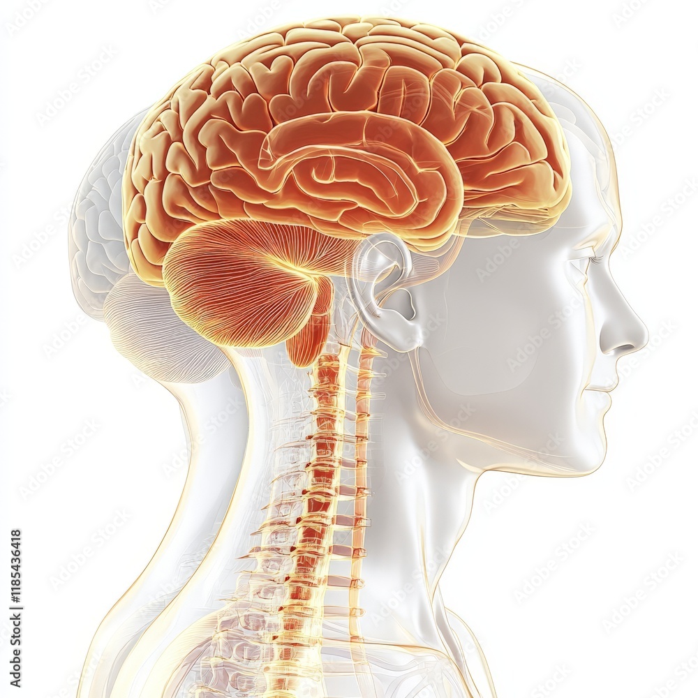 Transparent human skull and brain anatomical illustration, showcasing ...
