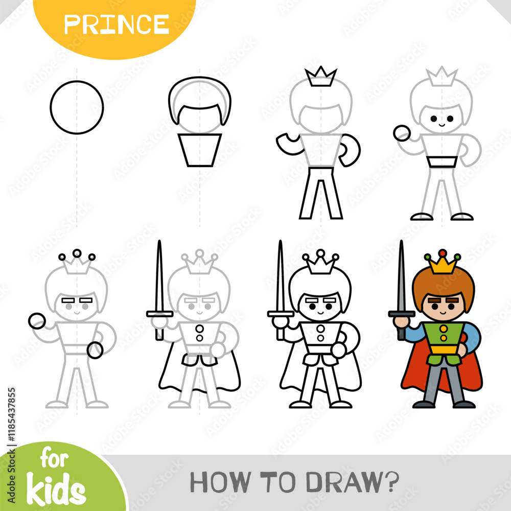 Vector de Stock How to draw Prince for children. Step by step drawing ...