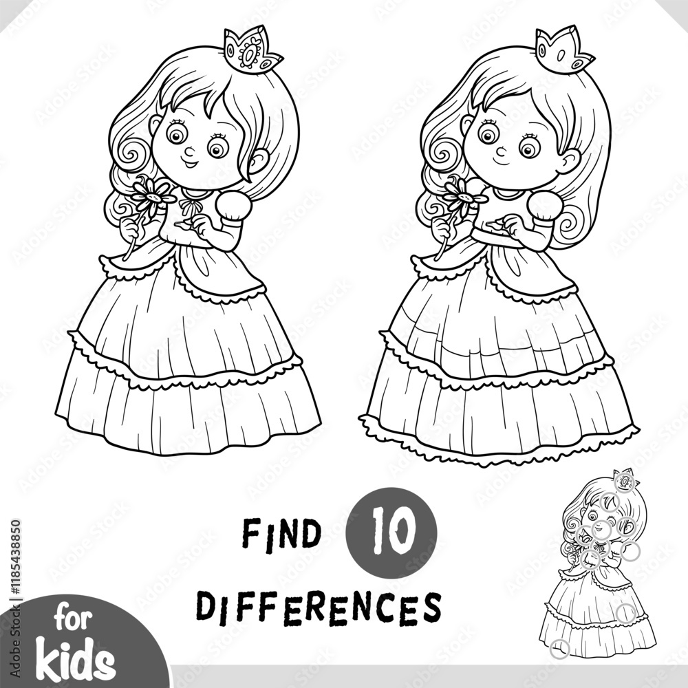 Cute cartoon character princess and flower, Find differences ...