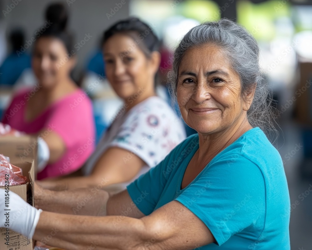 Compassionate Hispanic female volunteers organizing food distribution ...