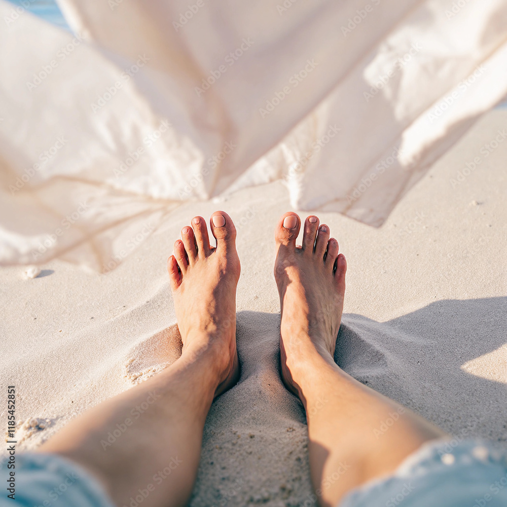 Capture the essence of a perfect beach day with bare feet on soft white ...