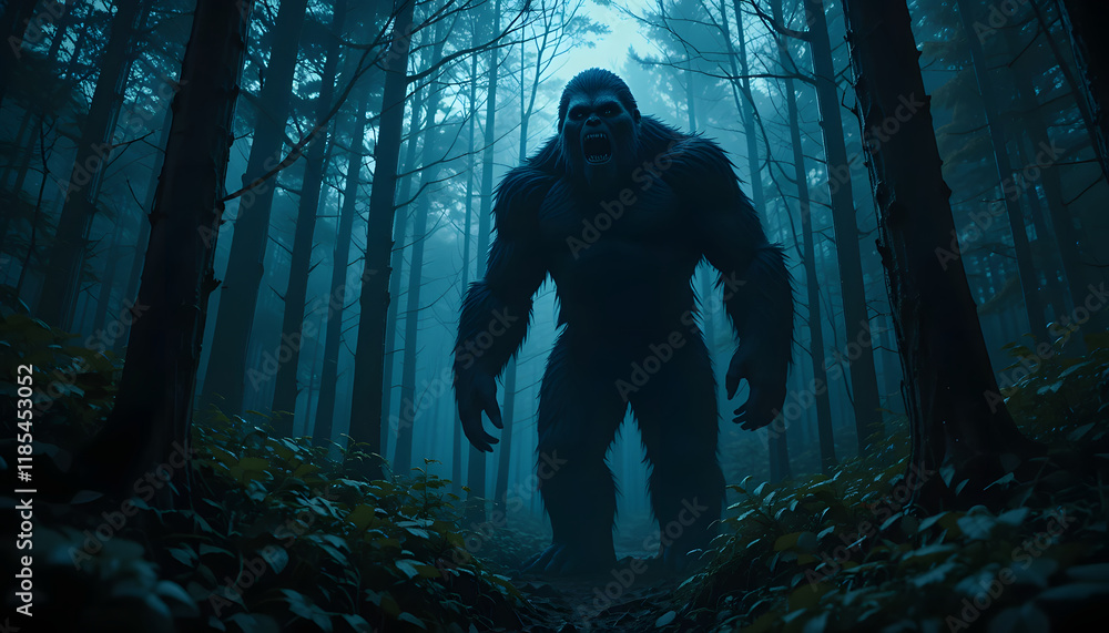 Big foot in a dark forest, cryptozoology character, mystery creature ...