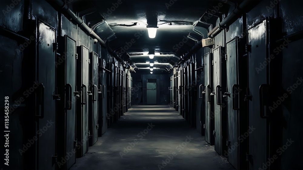 Foto de Stock empty dark corridor of old underground Soviet bunker ...