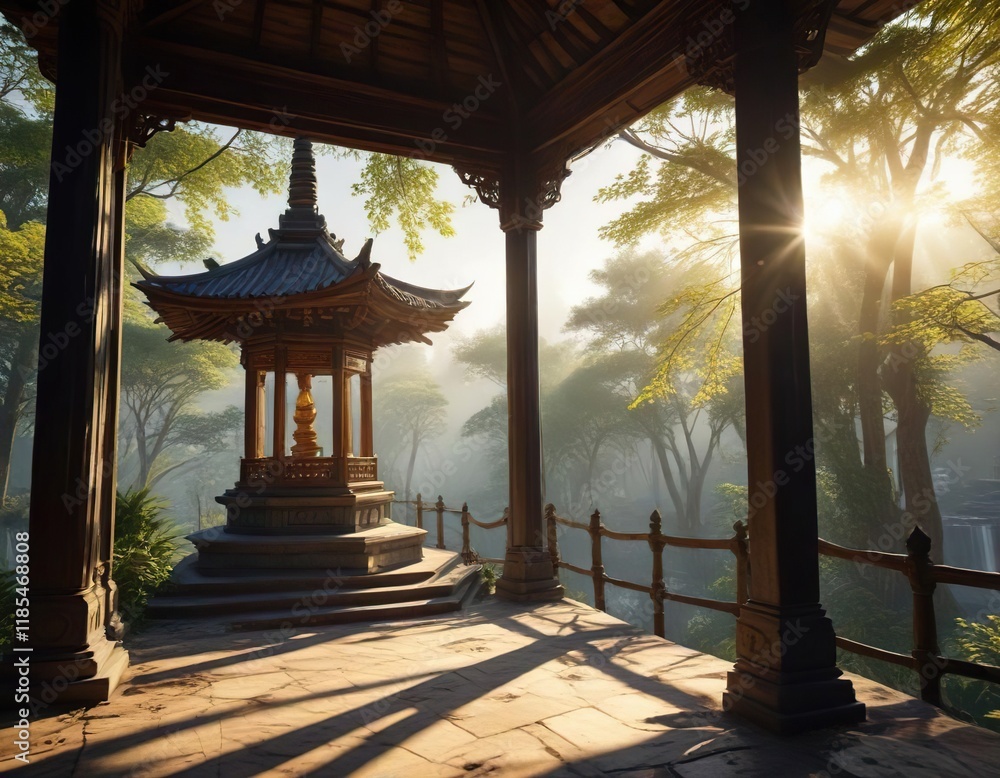 Stock-Foto „Luz solar filtrada a través de las rejas de una pagoda ...