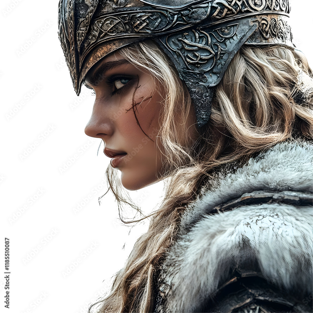 Brave Female Warrior in Armor and Helmet with Fur Cloak Isolated on a ...