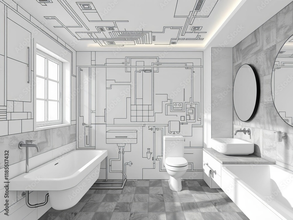 Hand drawing of custom master bathroom with cross section of finished ...