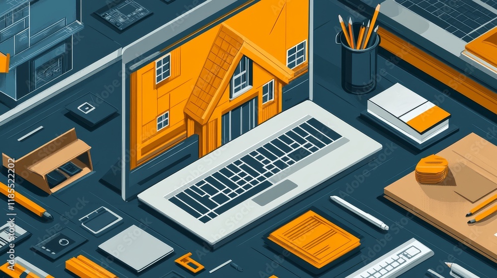 Isometric Illustration of Digital House Design and Architectural ...