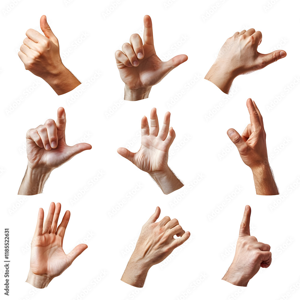 Nine different hand gestures isolated on a transparent background ...