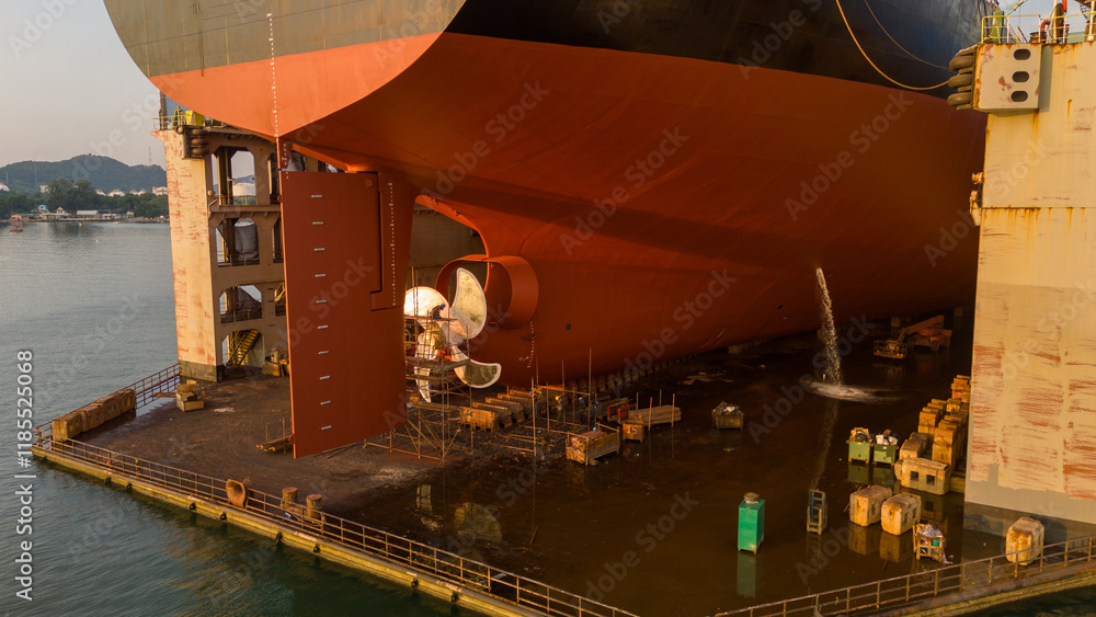 Propeller of large ship spinning power working and water splash ...