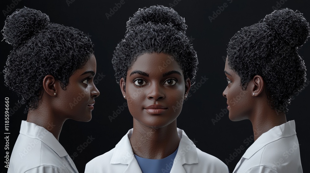 Realistic 3D model of a female doctor with curly hair in a lab coat viewed from multiple angles ...