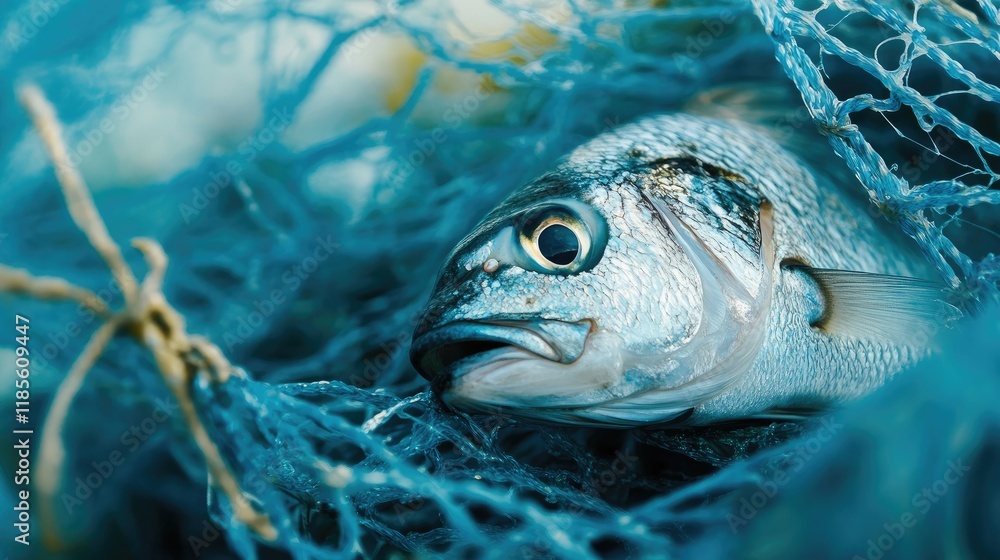 Freshly caught fish entangled in fishing net showcasing intricate ...