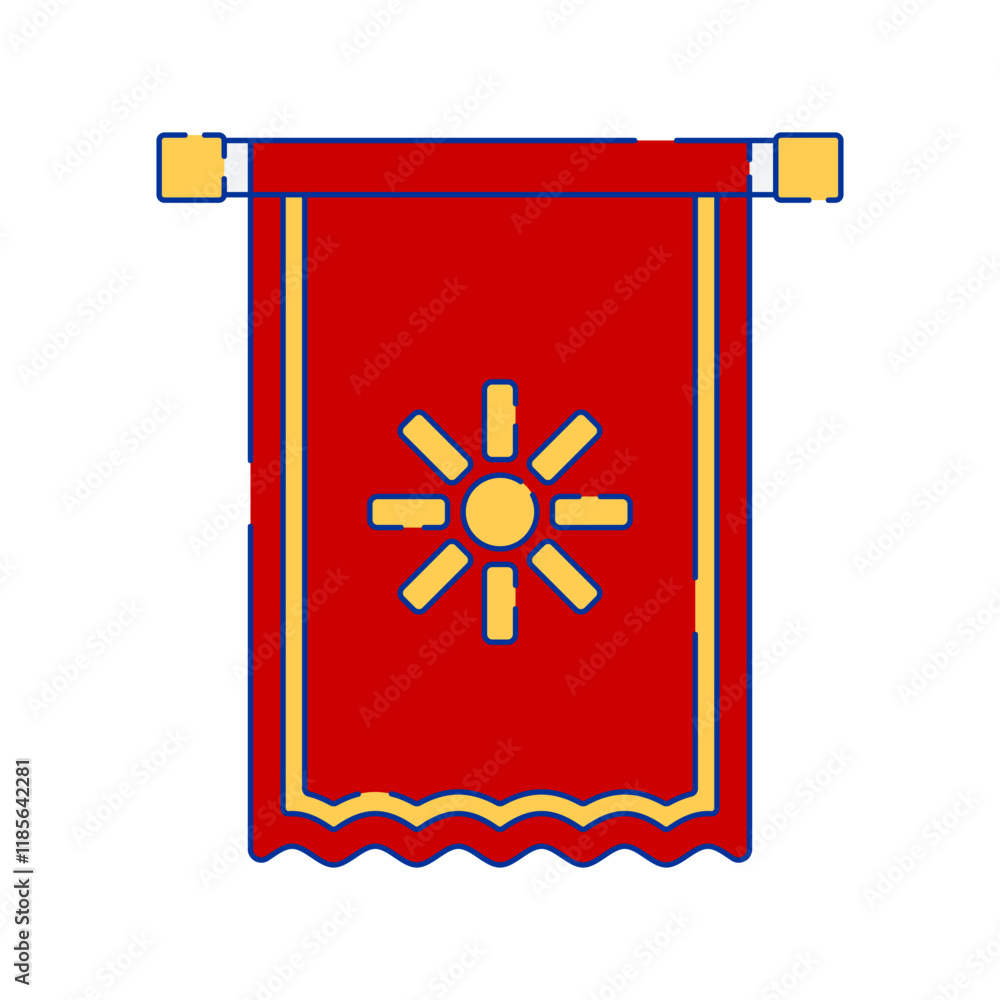 A vector illustration of a red banner with a yellow border and a sun ...