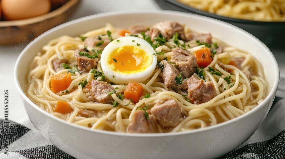 Filipino pork mami noodle soup with hard boiled egg and vegetables ...