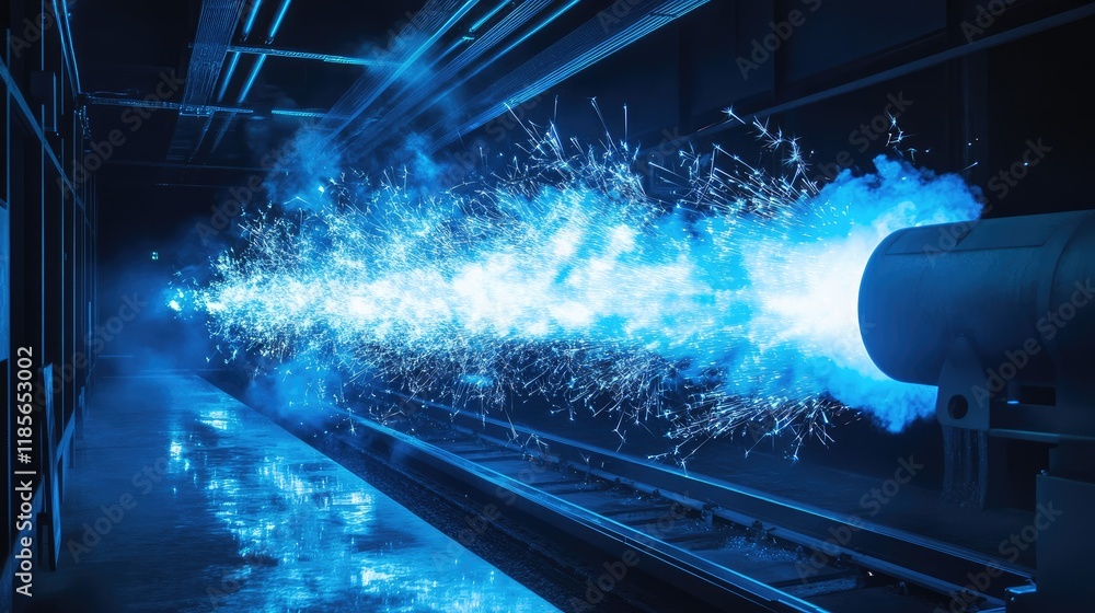 Electromagnetic Railgun Firing Scene with Blue Sparks and Light Effect ...