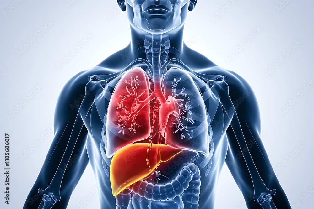 A medical illustration depicts the human torso, highlighting the lungs ...