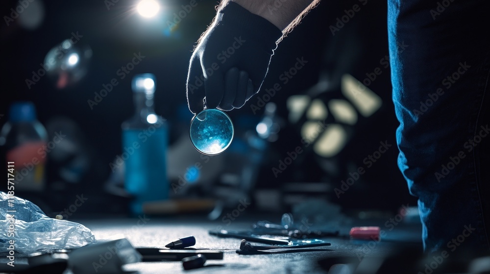 Detective carefully analyzes clues and traces at a crime scene ...