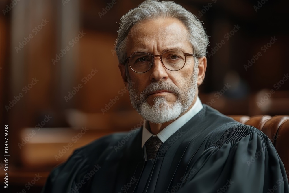 Judge presiding over a courtroom session with a serious expression and ...