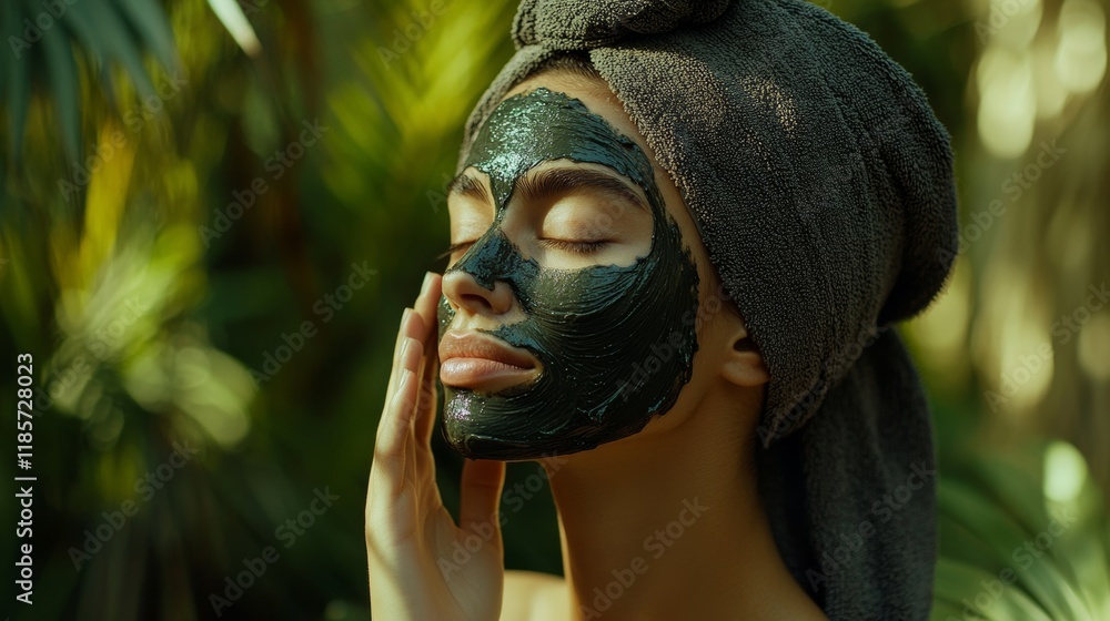 Close up shot of serious young woman wears black facial mask, has eyes ...