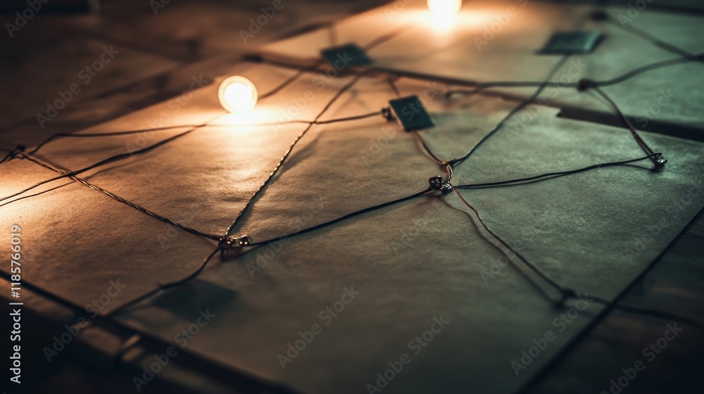 Dark shadowy detective investigation board with connected strings ...