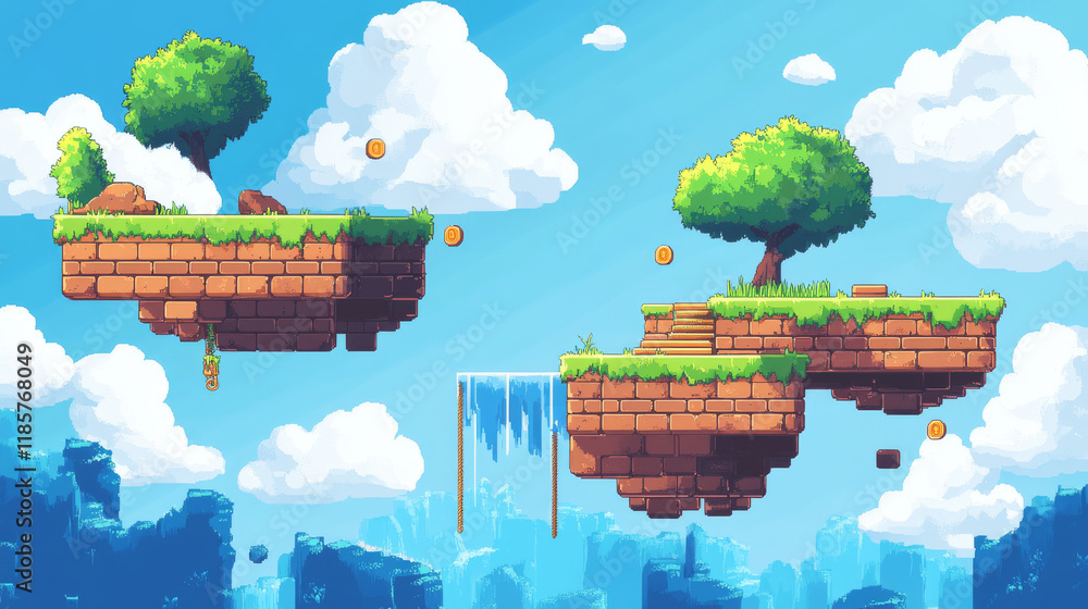 2d arcade game night level map interface. Platform, stairs, coins ...