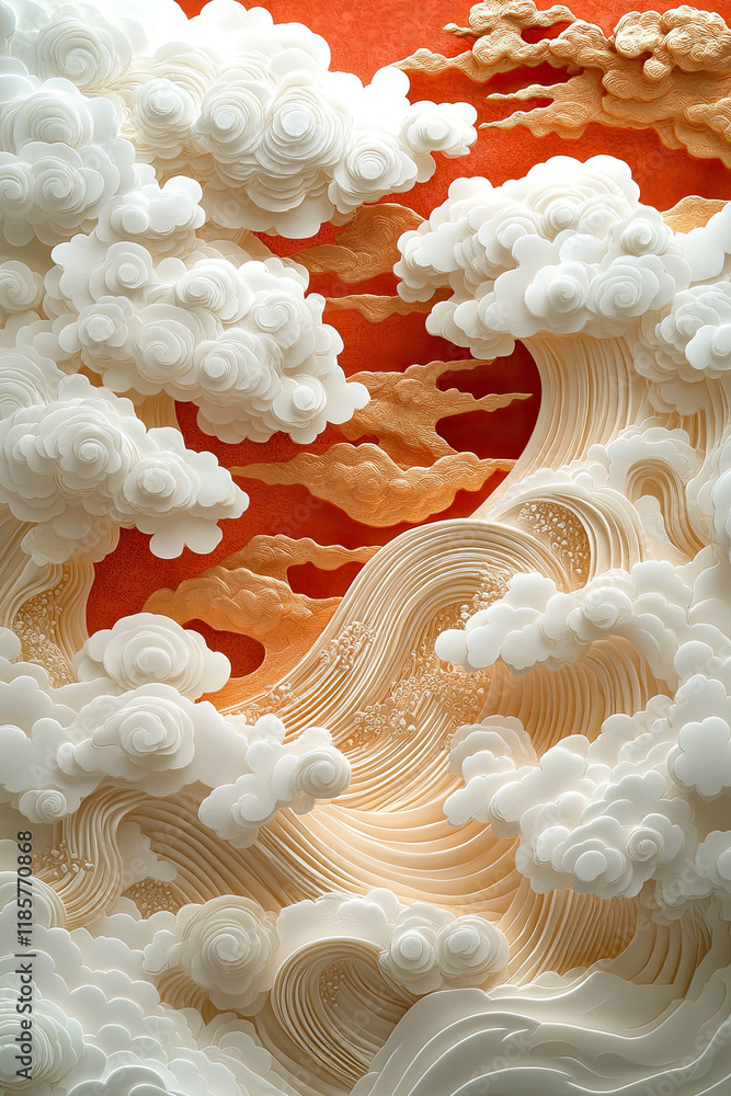 artistic and elegant red relief, auspicious clouds and waves relief ...