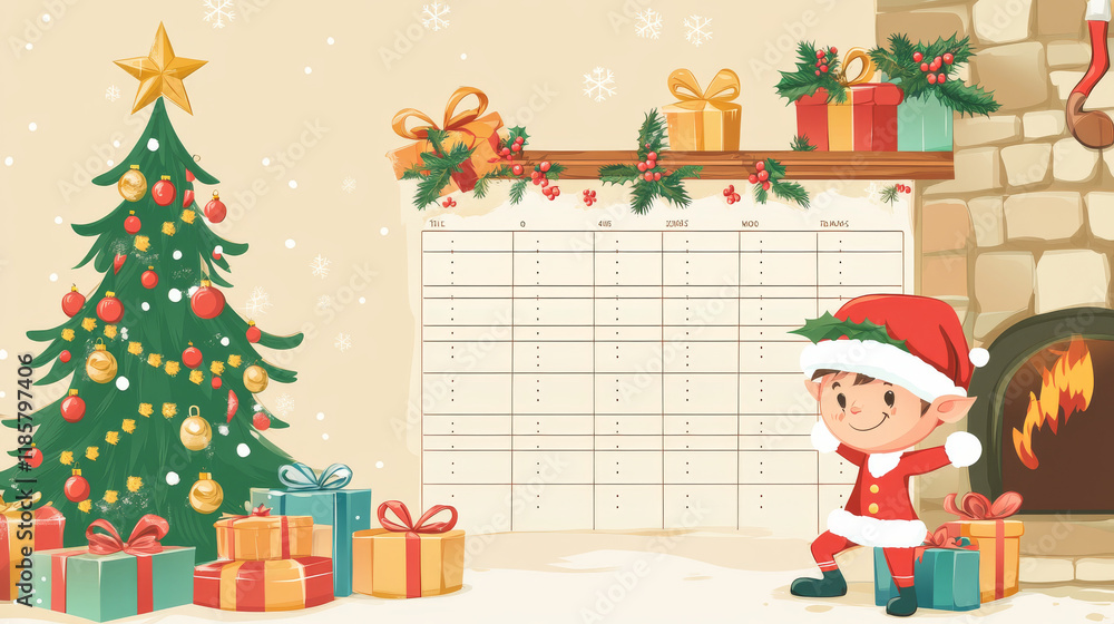 Winter holidays school timetable template with christmas gifts and elf ...