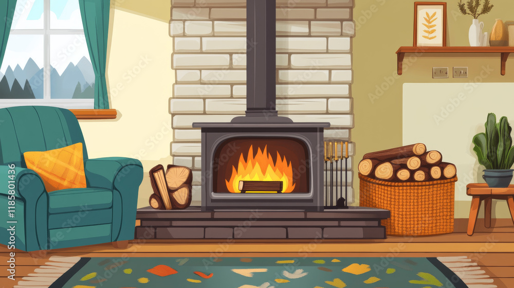 Home fireplaces with fire cartoon vector set of interior design. Wood ...