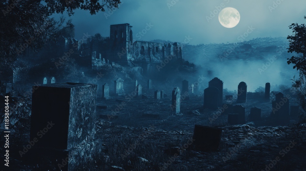 Eerie graveyard illuminated by moonlight with fog rolling through the tombstones in a haunting ...