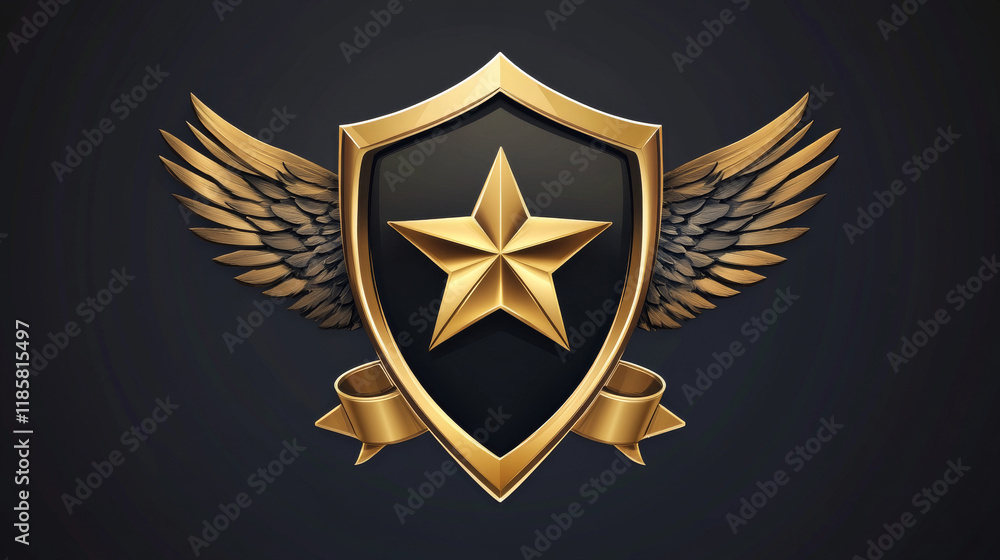 Game rank level up badge icon or victory shield of golden star medal ...